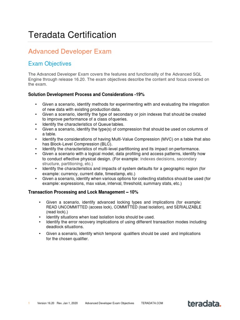 Teradata Certification: Advanced Developer Exam | PDF | Software Engineering | Information Retrieval