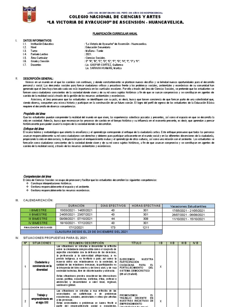 Plan Anual CC - Ss 5to Grado | PDF | Aprendizaje | Sustentabilidad