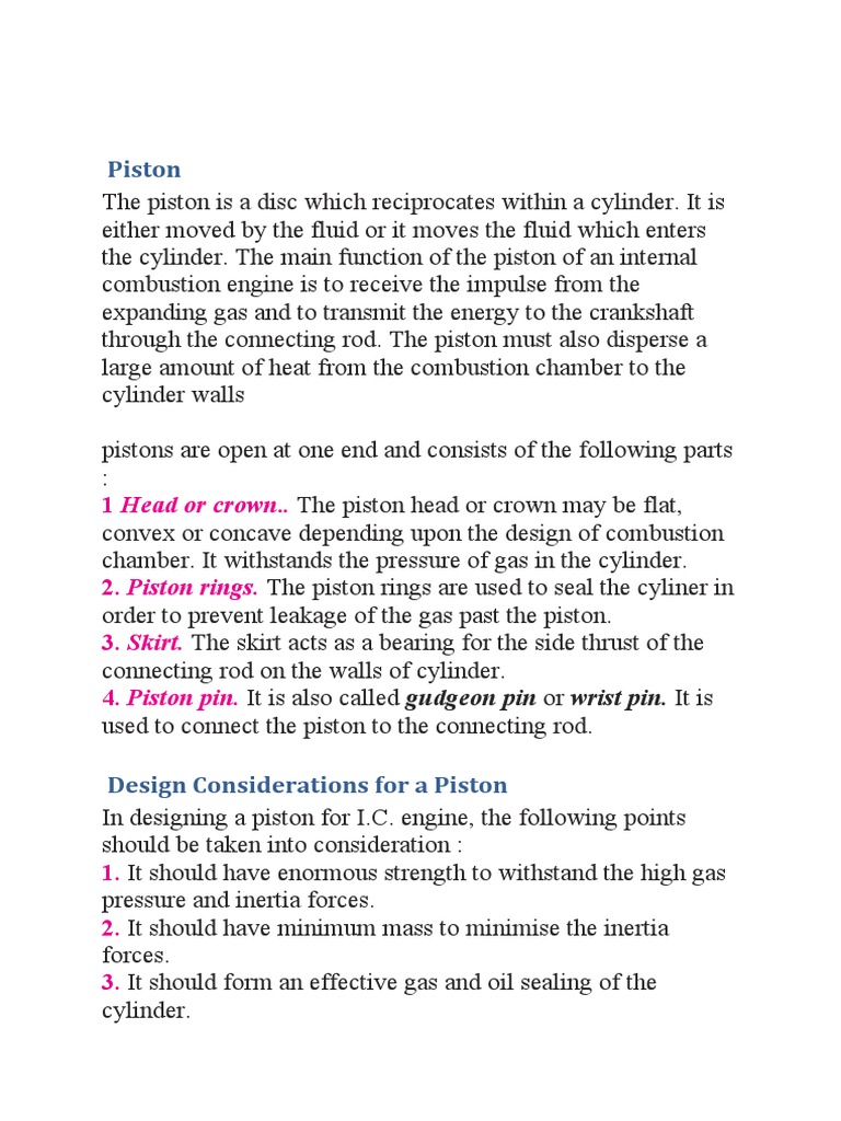 Piston: 1 Head or Crown. | PDF | Piston | Engine Technology