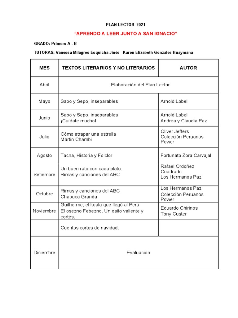 Cuadro de Plan Lector 2021 | PDF