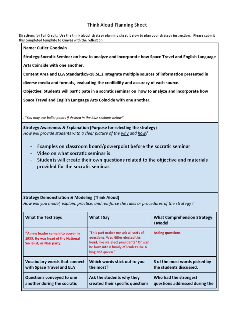 Cutler Goodwin Copy of Think Aloud Strategy Planning Sheet | PDF ...