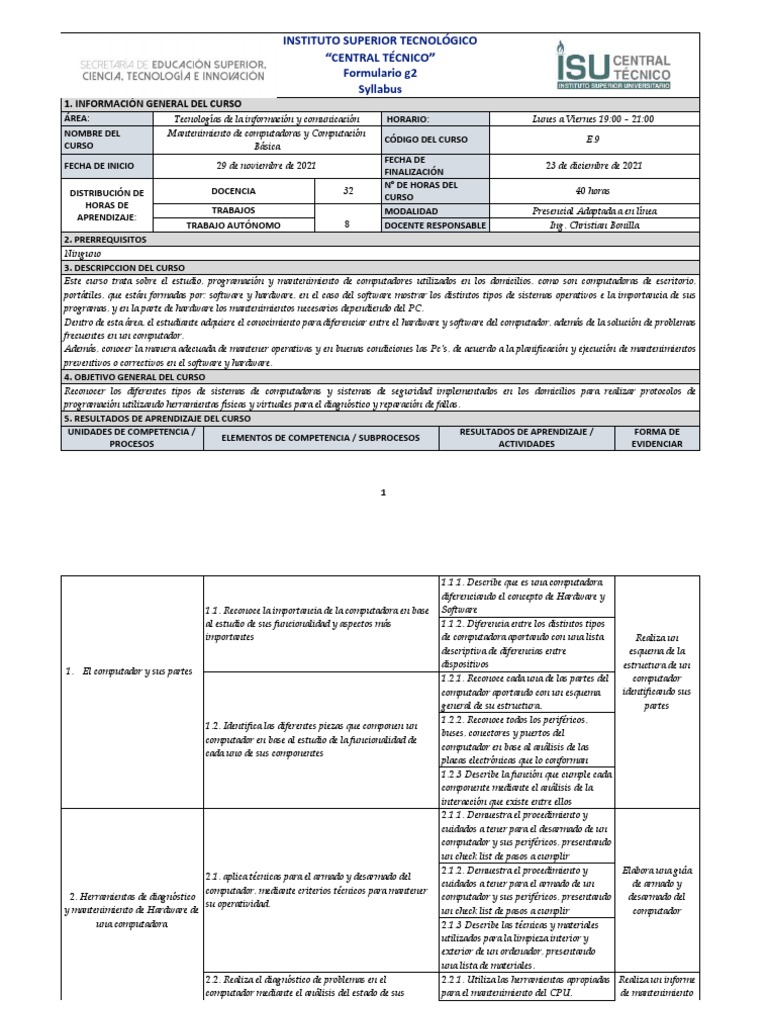 Silabo y Contenidos de Clase - Formulario g2 MCCB | PDF | Hardware de la computadora | Software