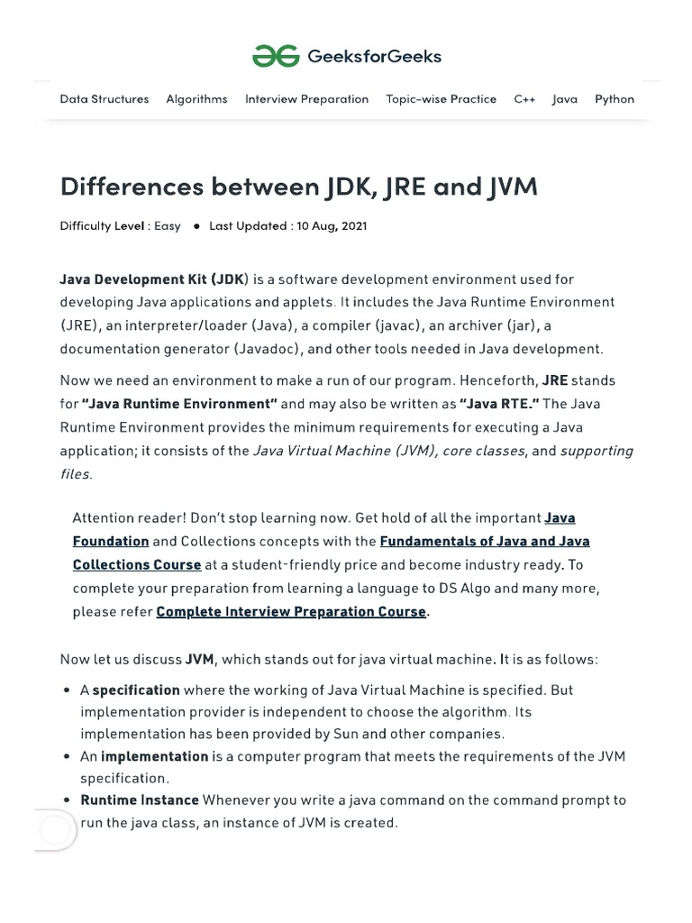 Differences Between JDK, JRE and JVM | PDF