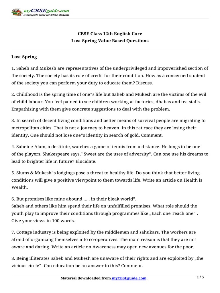 CBSE Class 12th English Core Lost Spring Value Based Questions | PDF