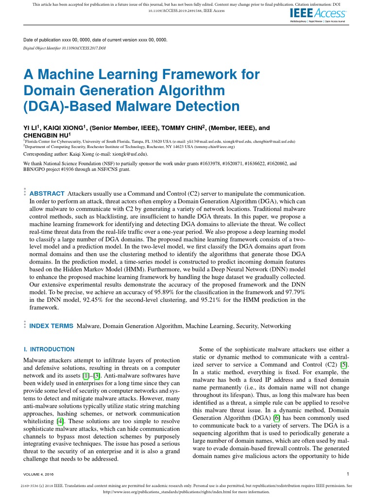A Machine Learning Framework For Domain Generation Algorithm (DGA) - Based Malware Detection ...