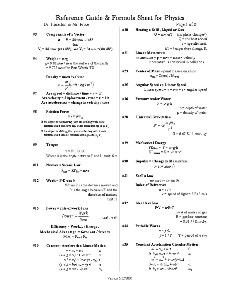 Reference Guide & Formula Sheet For Physics: Dr. Hoselton & Mr. Price ...