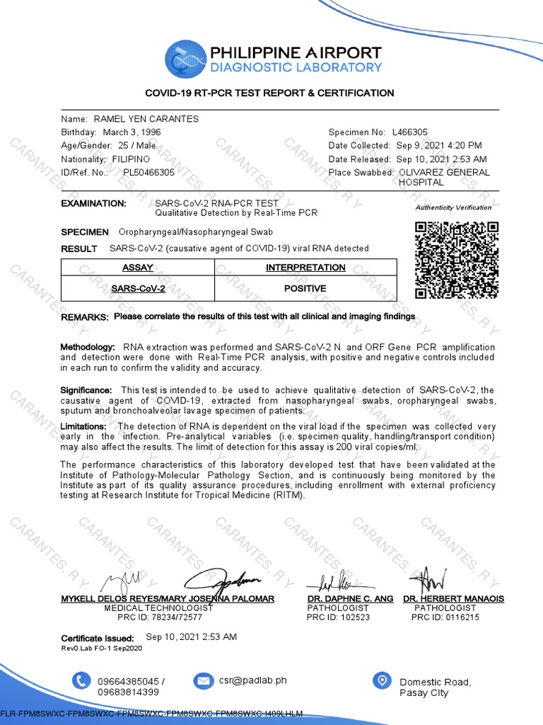 Results and Analysis of a COVID-19 RT-PCR Test Report | PDF | Health ...