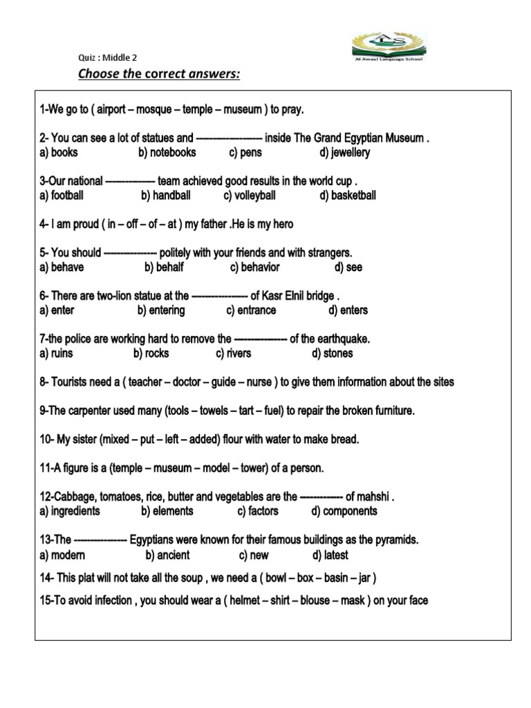 Choose TH e Corr Ect Answers:: Quiz: Middle 2 | PDF