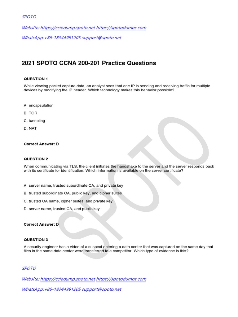 2021 SPOTO CCNA 200-201 Practice Questions | PDF | Public Key ...