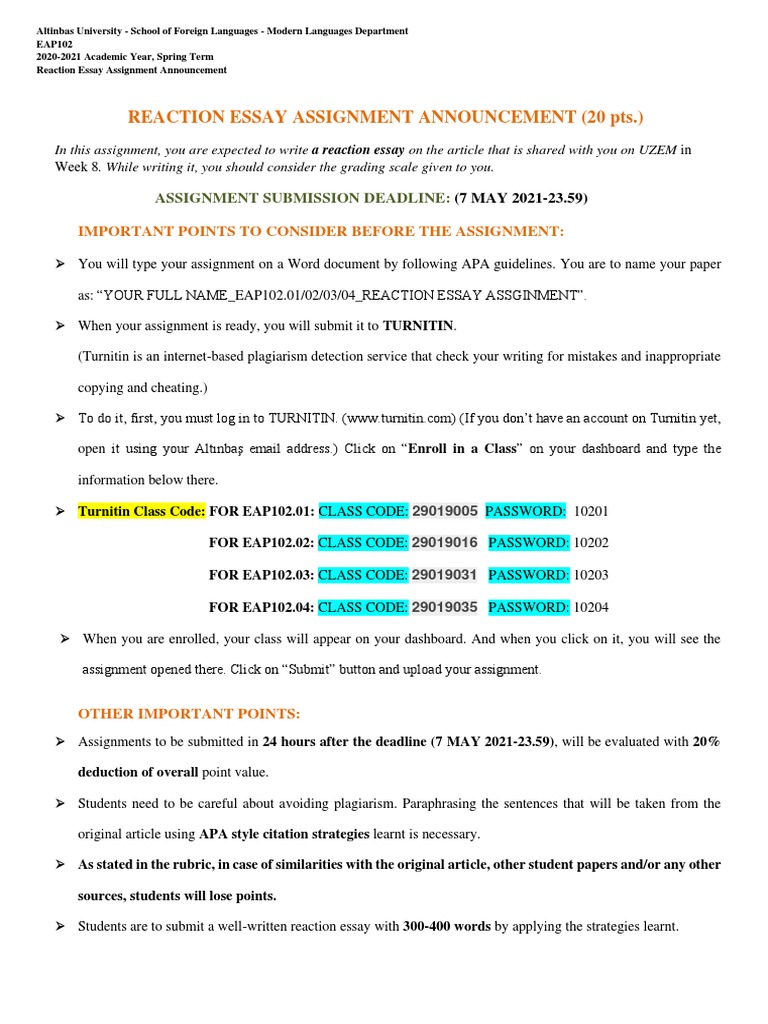 Eap102 - Reaction Essay Assignment Announcement | PDF | Technology & Engineering
