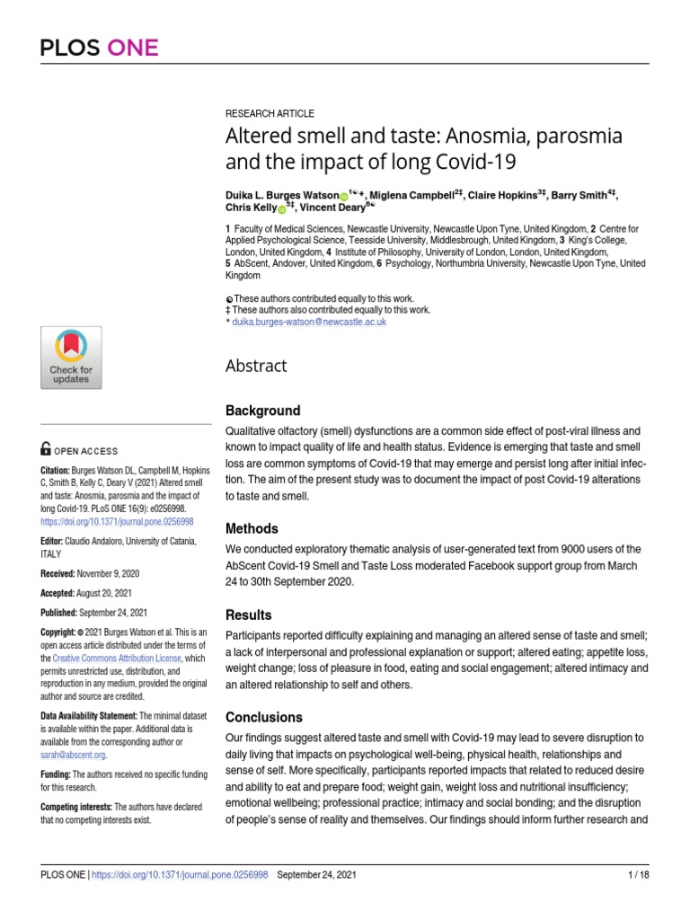 Altered Smell and Taste Anosmia, Parosmia and The Impact of Long Covid ...