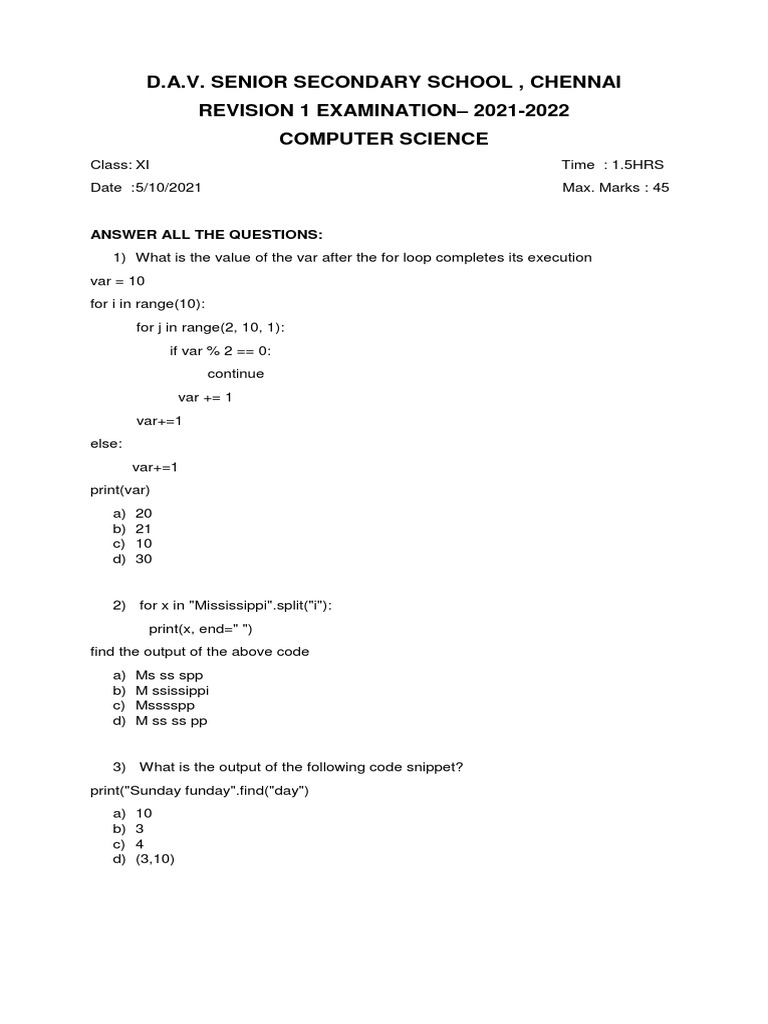 Class XI Computer Science Exam | PDF | Control Flow | String (Computer Science)