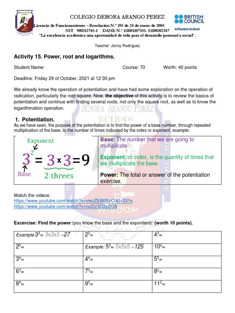 7th Grade - Activity 15 - Power, Root and Logarithms | PDF | Logarithm ...
