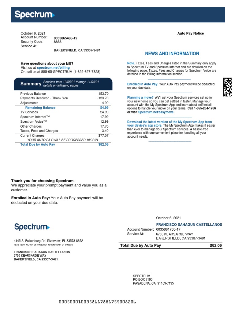 Spectrum Bill Monthly | PDF | Cheque | Fee