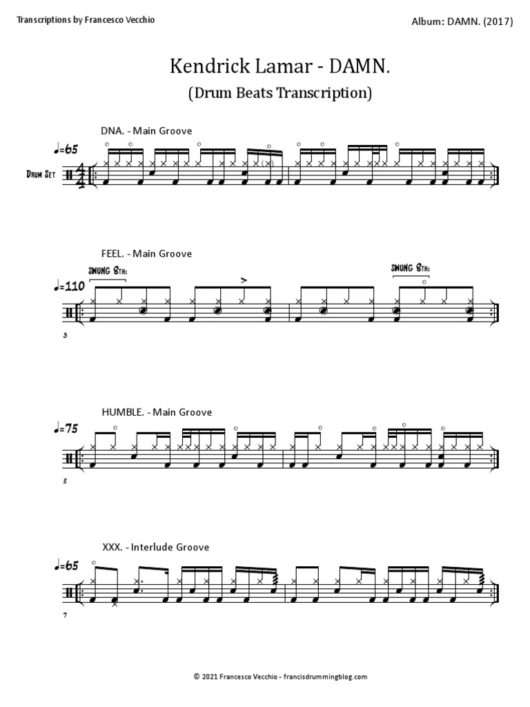 Kendrick Lamar - DAMN. (Drum Beats Transcription) | PDF | Drum Kit ...