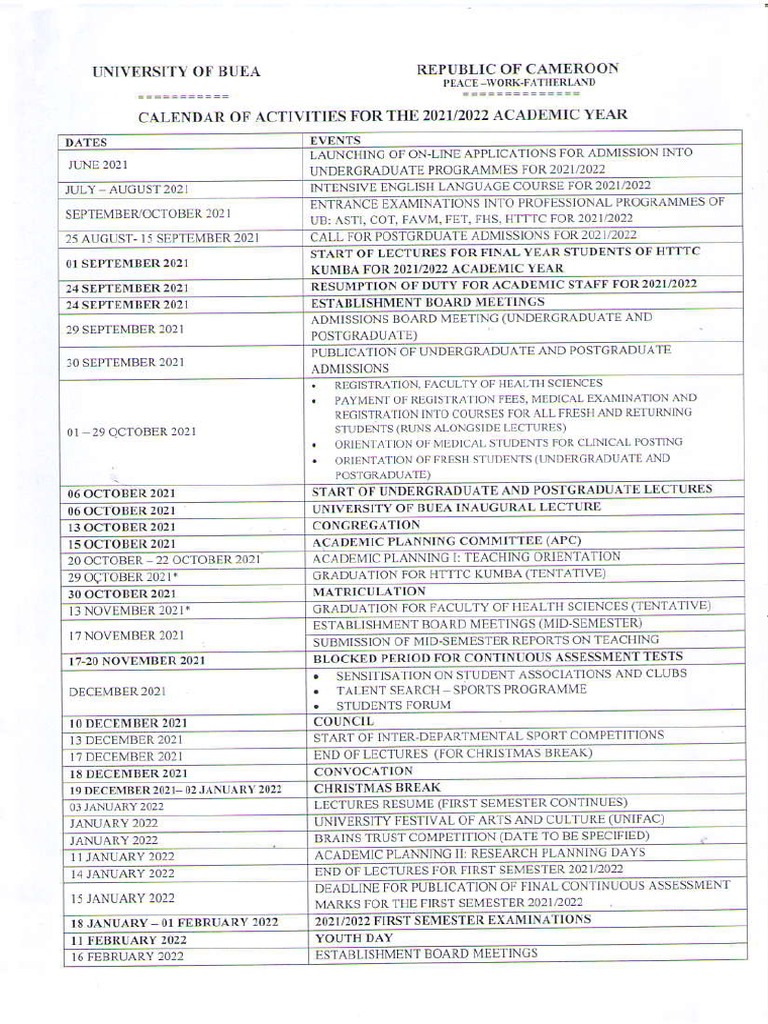 Academic Calendar 2021-2022 Cameroon | PDF