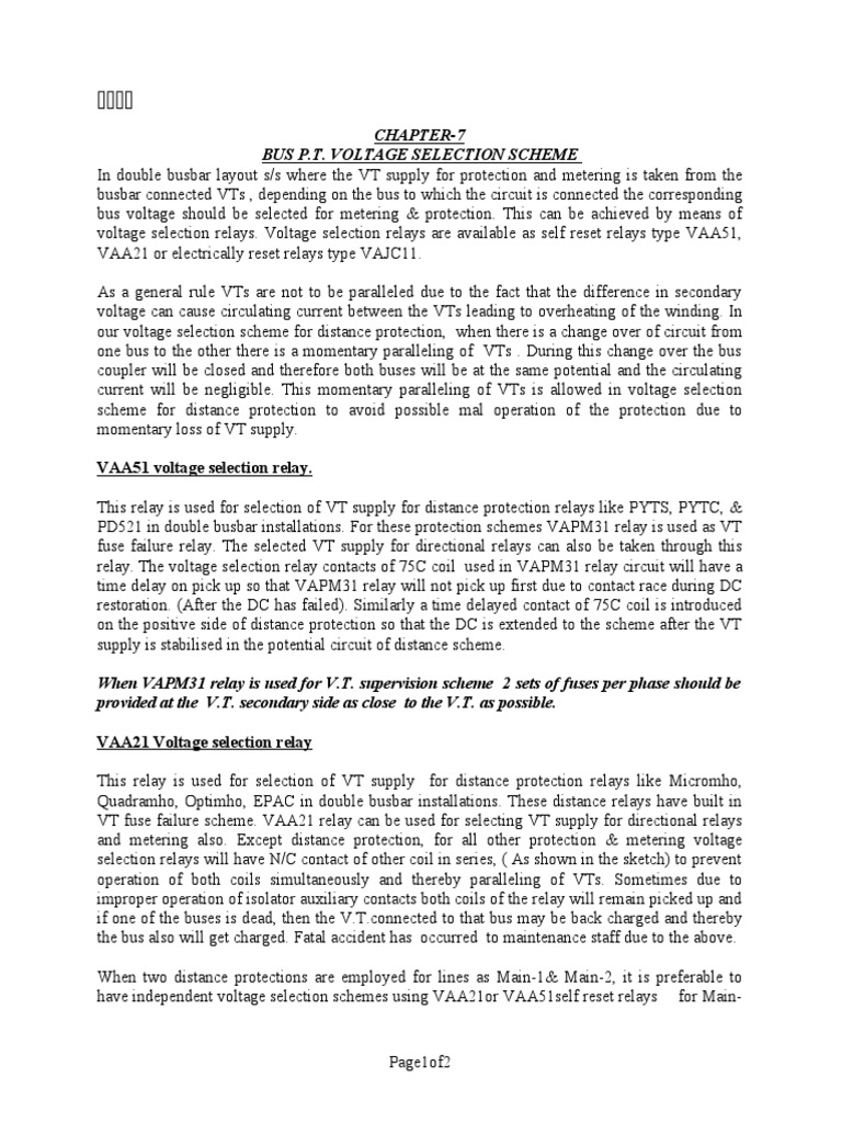 Chapter-7 Bus P.T. Voltage Selection Scheme | PDF | Relay | Voltage