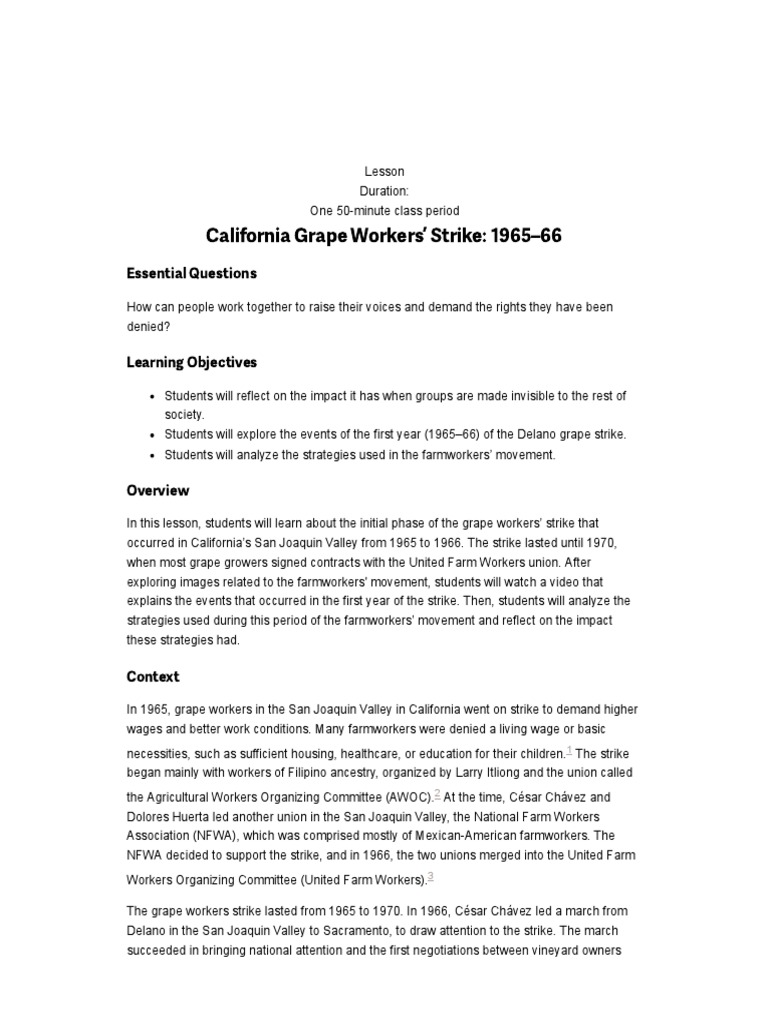 Lesson California Grape Workers' Strike 1965-66 Facing History | PDF ...