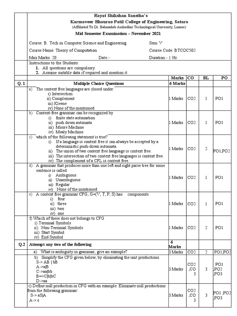 TOC - Question Paper - MID Sem Exam Nov-2021 | PDF | Theoretical ...