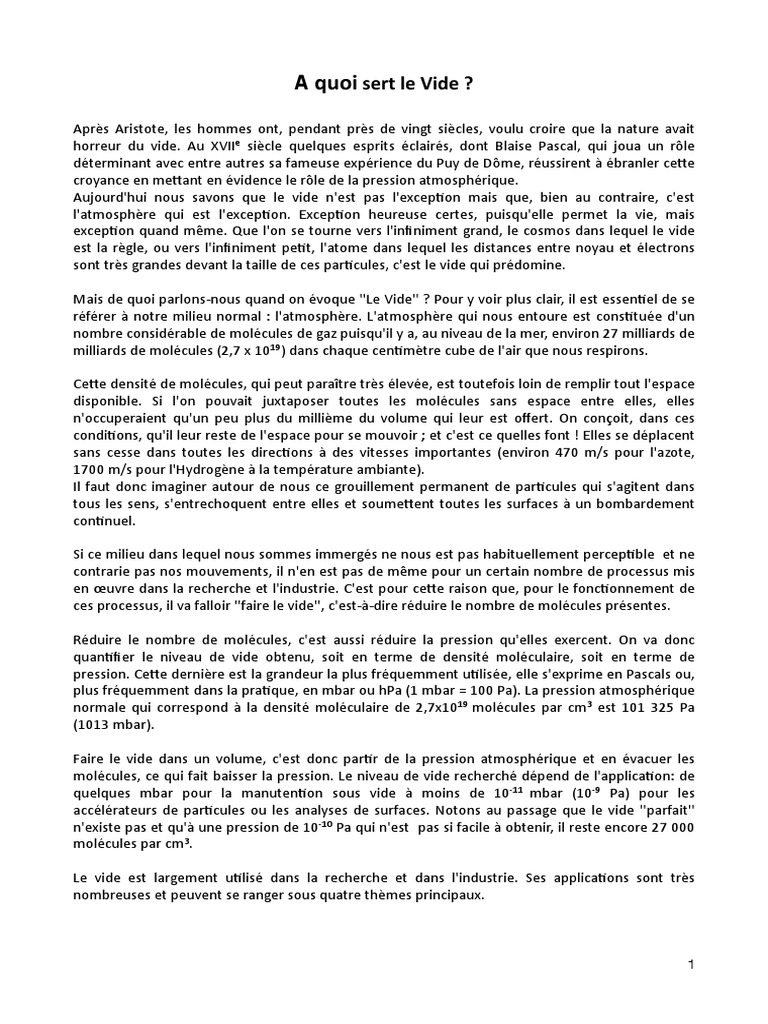A Quoi Sert Le Vide | PDF | Pression | Vide (physique)