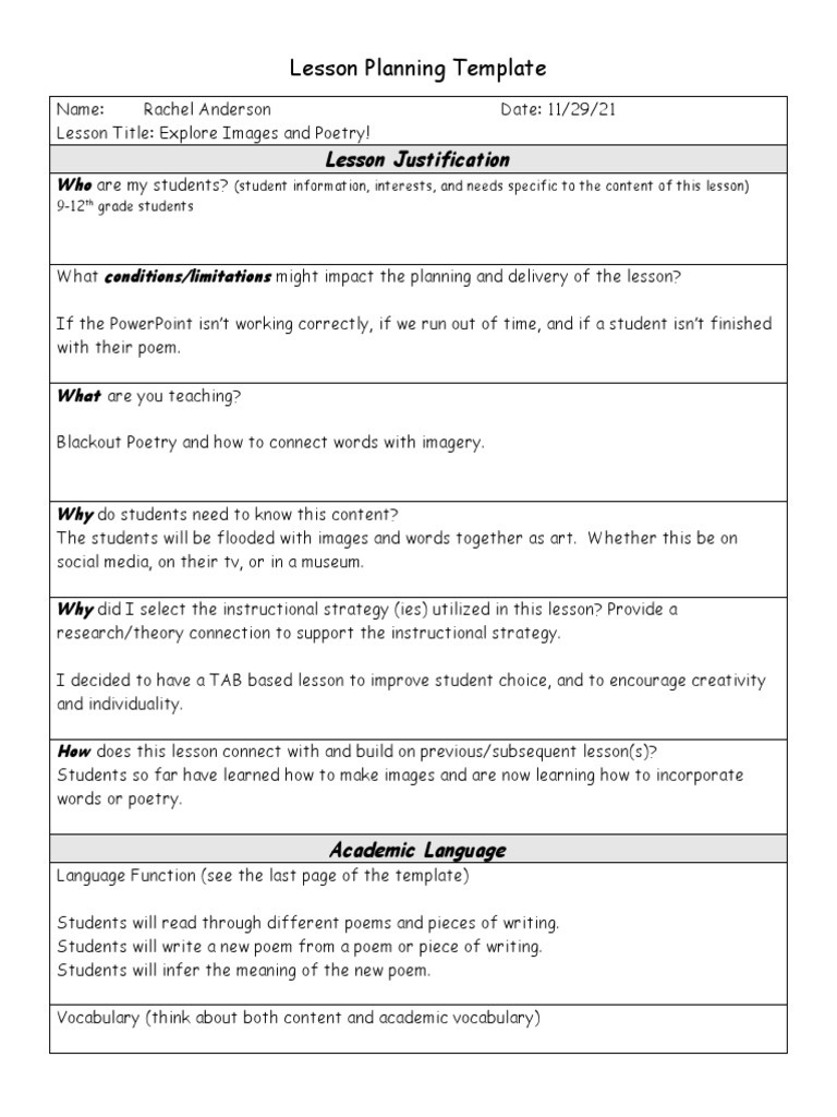 40 Minute Lesson Plan | PDF | Poetry | Vocabulary
