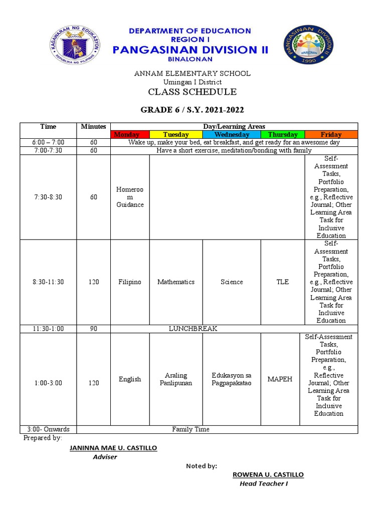 Class Schedule: GRADE 6 / S.Y. 2021-2022 | PDF | Cognition