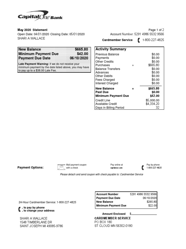 May 2020 Credit Card Statement for Shari A. Wallace Summarizing Account ...