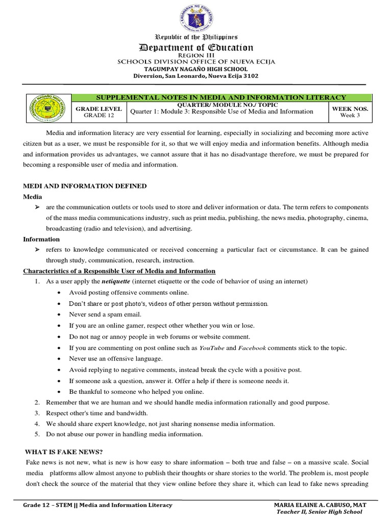 Supplemental Notes in Media and Information Literacy: Grade 12 Week 3 ...