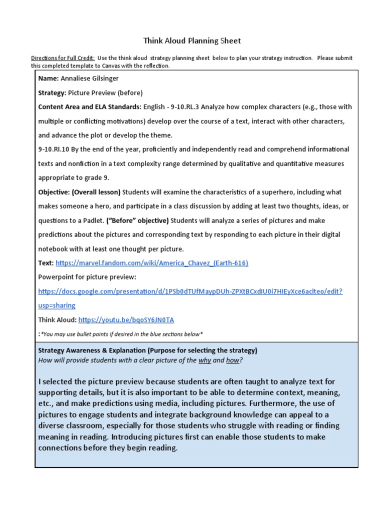 Think Aloud Strategy Planning Sheet | PDF | Reading Comprehension ...