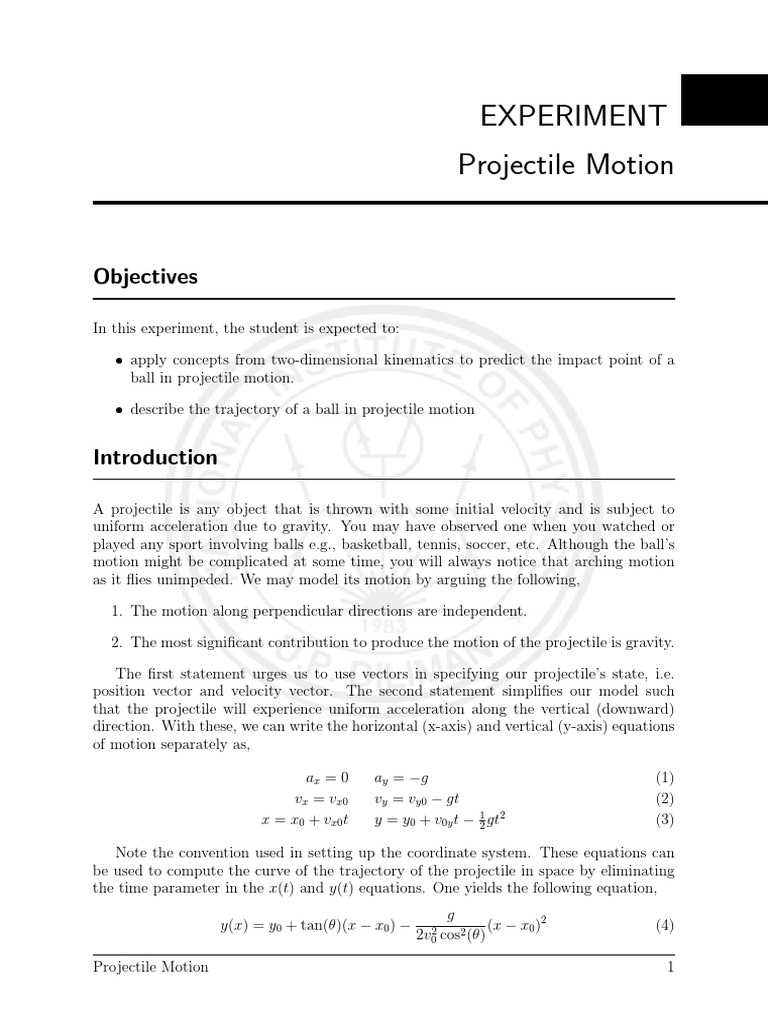 Experiment Projectile Motion: Objectives | PDF | Trajectory | Projectiles
