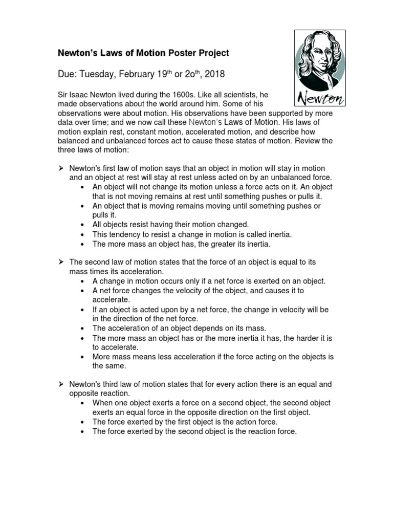 Due: Tuesday, February 19 or 2o, 2018: Newton's Laws of Motion Poster ...