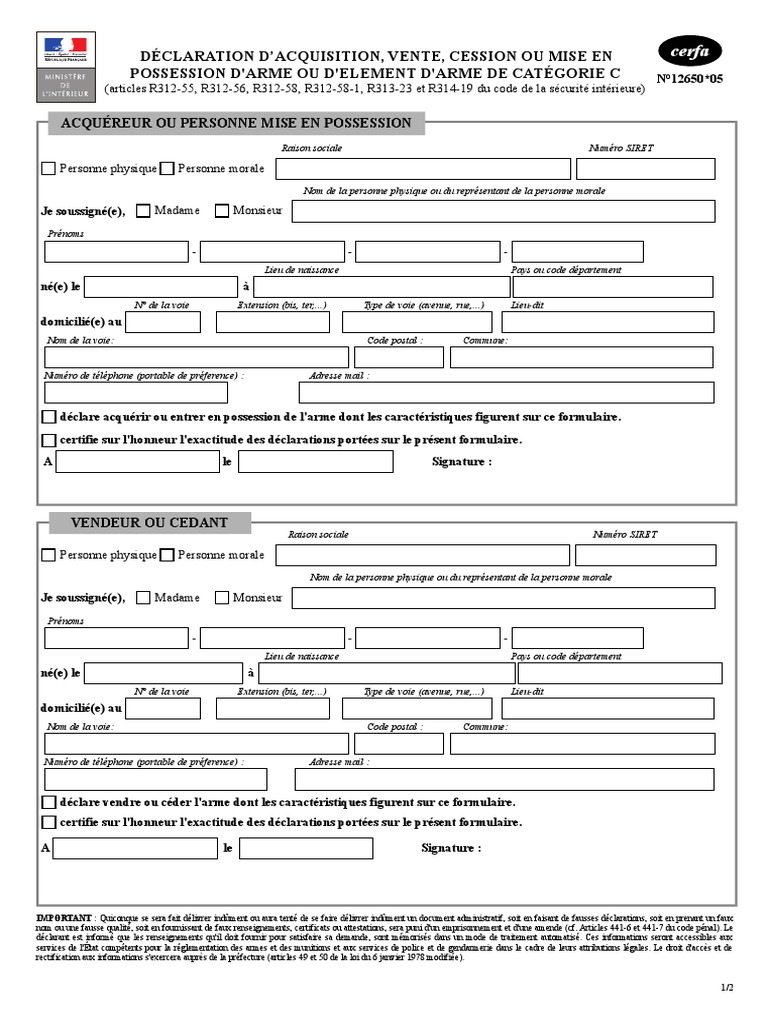 Cerfa 12650-05 | PDF | Chargeur (Armes à feu) | Fusil de chasse