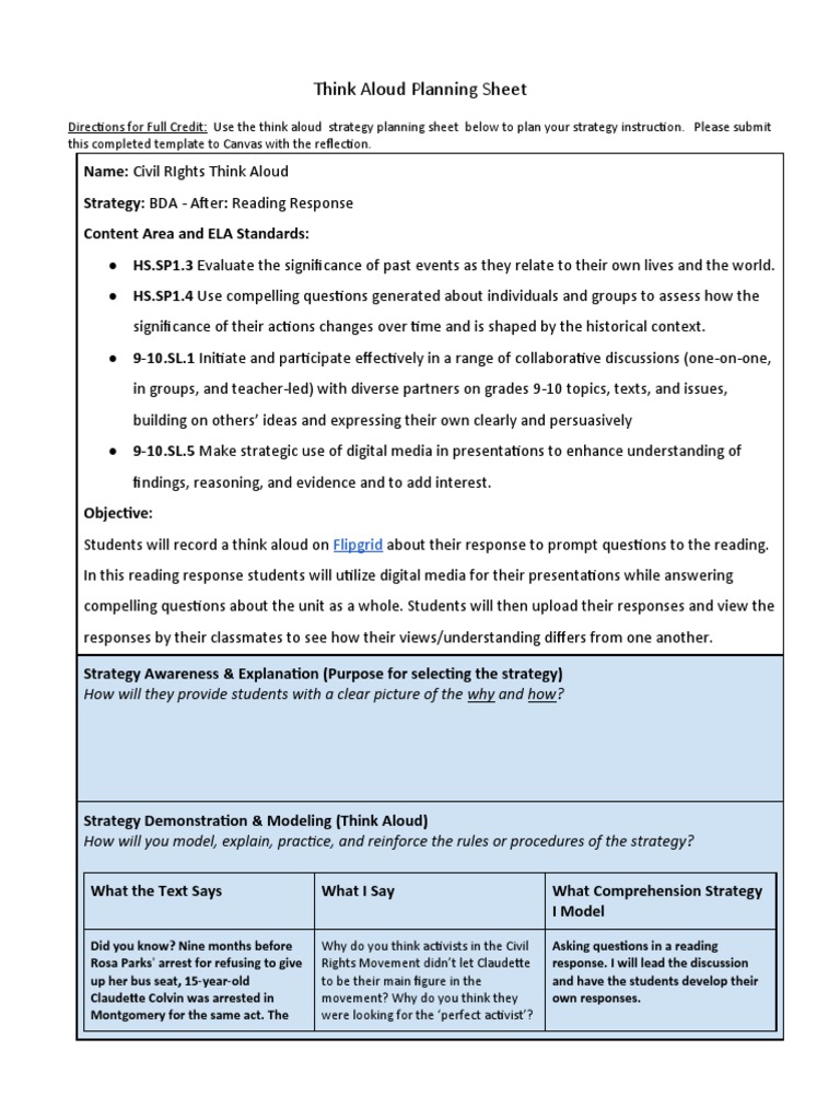 Think Aloud Strategy Planning Sheet 1 | PDF | Reading Comprehension ...