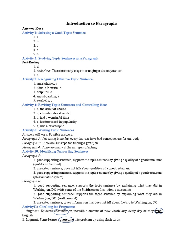 Introduction To Paragraphs - Answer Key | PDF | Vocabulary | Flashcard