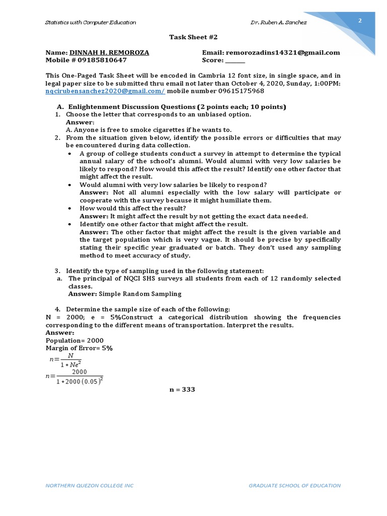 Task Sheet #2 For Lesson 2 - REMOROZA, DINNAH H.101 | PDF | Sampling (Statistics) | Statistics