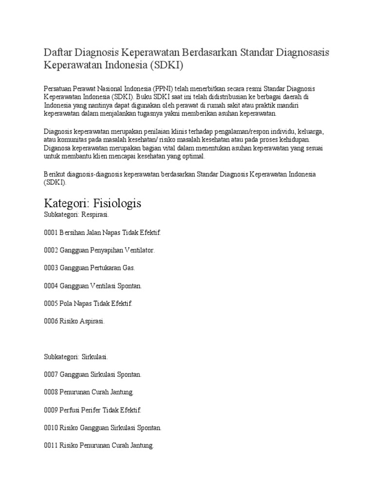 Daftar Diagnosis Keperawatan Sdki | PDF
