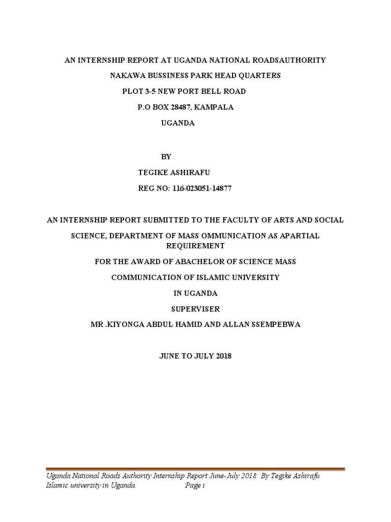 Uganda National Roads Authority Internship Report June-July 2018: by ...