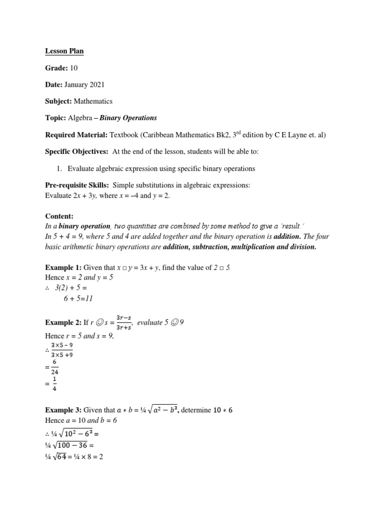 Grade 10 Binary Operations | PDF