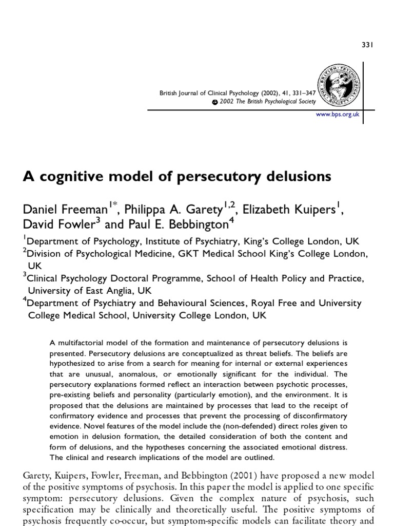A Cognitive Model of Persecutory Delusions | PDF | Delusion | Psychosis