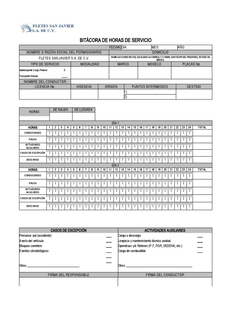 27.-Bitacora Horas de Servicio | PDF | Transporte