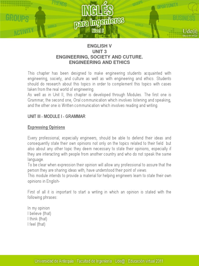 English V Unit 3 Engineering, Society and Cuture. Engineering and ...