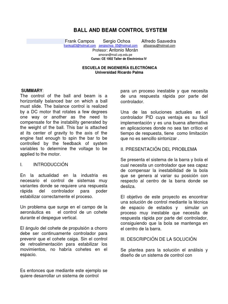 Ball and Beam Control System | PDF | Ecuaciones | Matriz (Matemáticas)