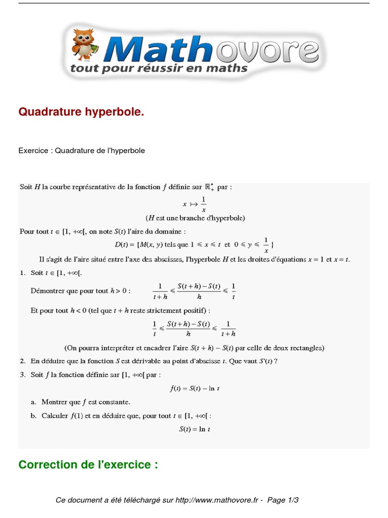 Exercices Quadrature Hyperbole Maths Terminale 200 | PDF | Méthodes et ...