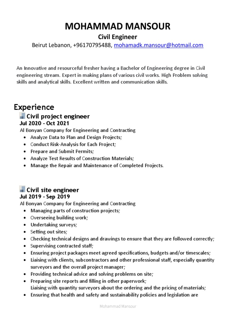 Mohammad Mansour: Experience | PDF | Engineering | Engineer