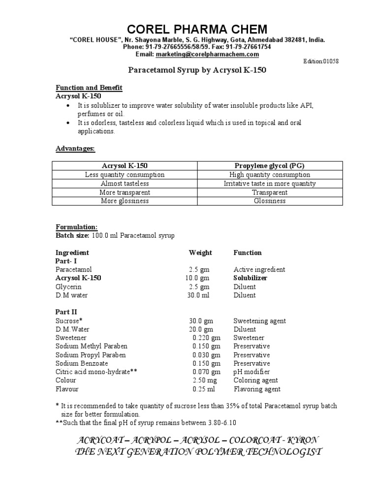 Formulation and Procedure for a Clear and Transparent Paracetamol Syrup ...