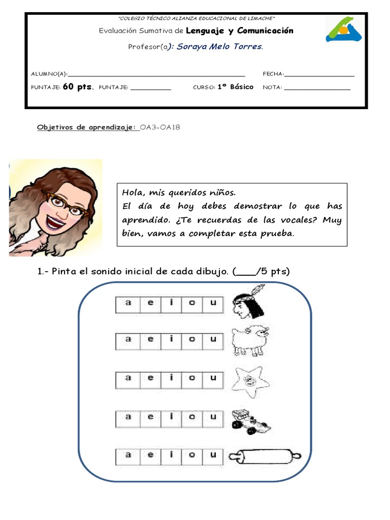 Evaluación de Sonidos Iniciales en 1º Básico | PDF