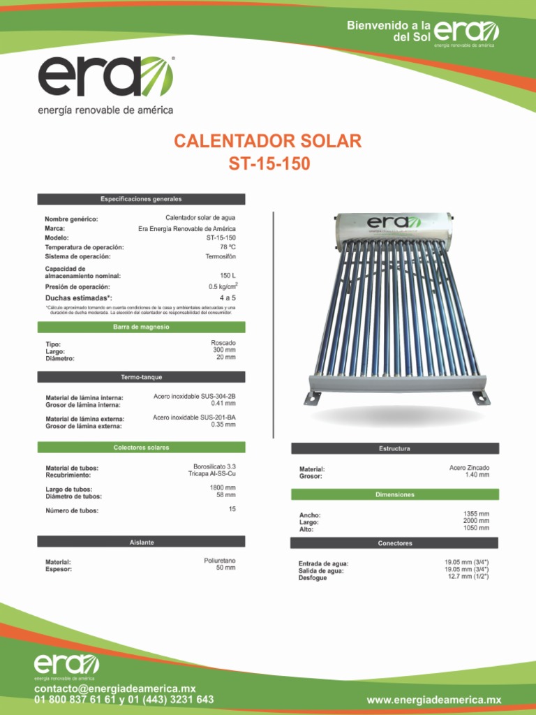 9 - Fichas - Técnicas - ST - 15 Calentador Solar de 150lts Con 12tubos | PDF