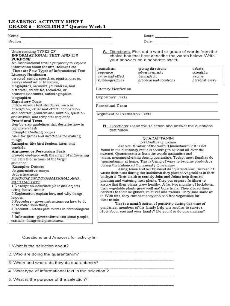 Learning Activity Sheet Grade 6 - English 2 Quarter Week 1 ...