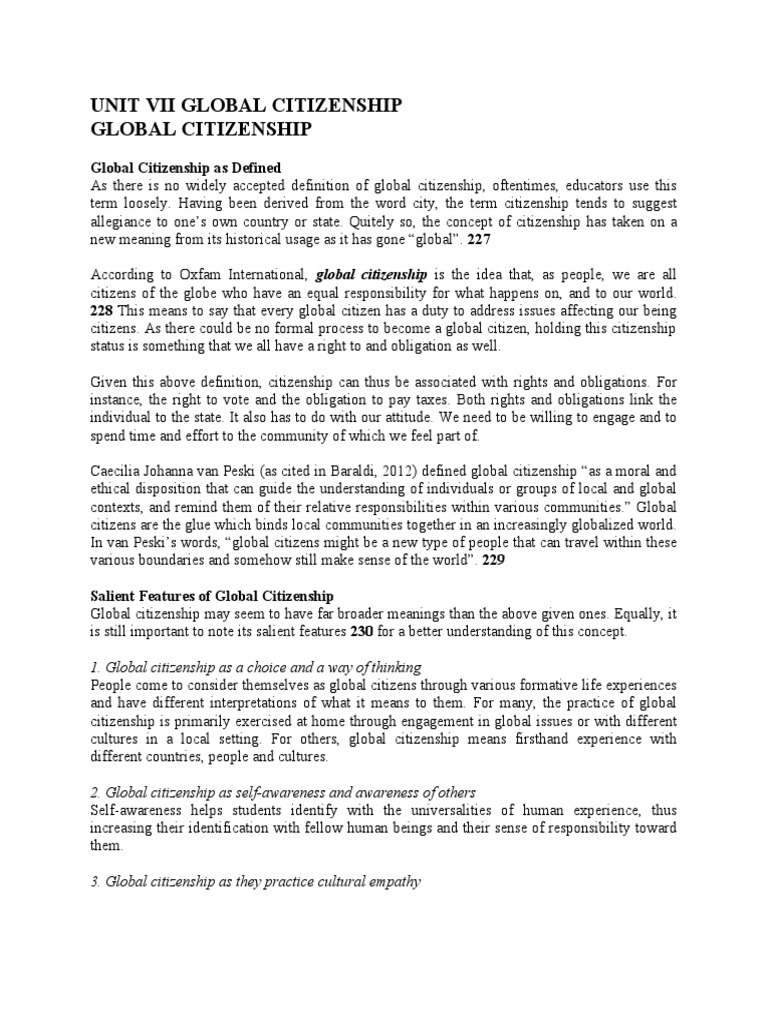 Unit Vii Global Citizenship | PDF | Globalization | Citizenship