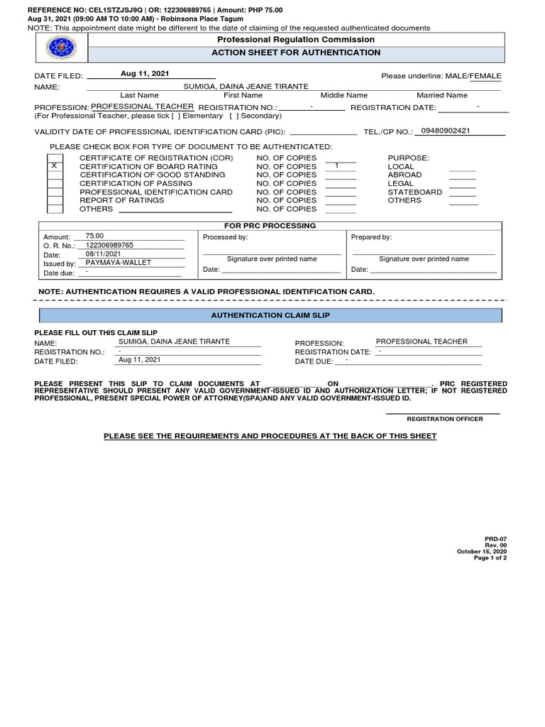 Professional Regulation Commission Action Sheet For Authentication ...